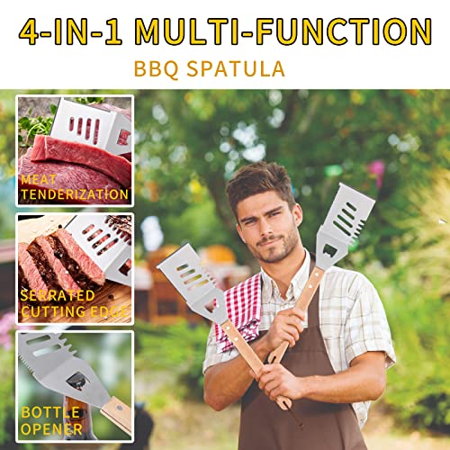 Qinshaine 4-in-1 BBQ Spatula, Multifunction Grill Spatula with Wooden Handle, perfect for BBQ grills and kebabs for camping picnics.