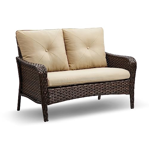 HUMMUH Outdoor Loveseat Sofa,2-Seater PE Wicker Outdoor Couch Porch High Back and Deep Seat Sofa Furniture for Backyard, Deck, Poolside (Brown/Beige)