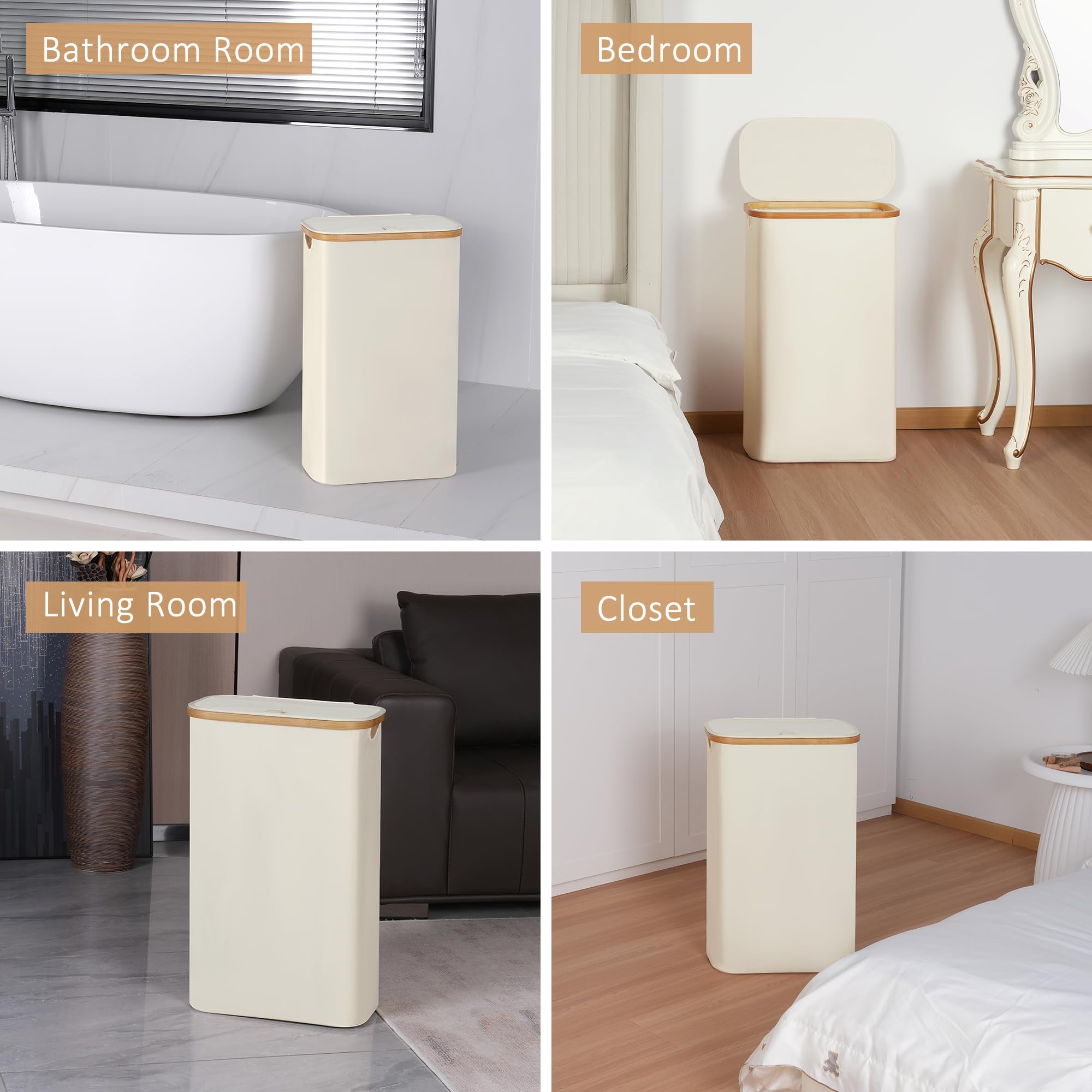 iEGrow Slim Laundry Hamper, Narrow Laundry Basket with Lid,Foldable Clothes Hamper with Bamboo Handles,Hamper Basket with Removable Inner Bag for Laundry Room Bedroom College Dorm,60L Beige