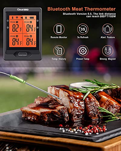 Cloud bbq Wireless Meat Thermometer of 500FT, Bluetooth Meat Thermometer for Smoker Oven, Grill Thermometer with Four Probes, Smart Rechargeable BBQ Thermometer for Cooking Turkey Fish Beef
