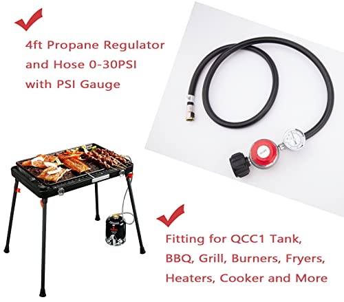 YOHIB 4FT Adjustable Propane Regulator with Hose High Pressure, 0-30PSI Gauges LP Gas Grill Adjustable Regulator Hose Fit for QCC1 Tank, BBQ Grill, Burners, Fryers, Heaters, Cooker