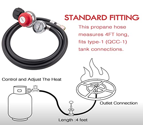 YOHIB 4FT Adjustable Propane Regulator with Hose High Pressure, 0-30PSI Gauges LP Gas Grill Adjustable Regulator Hose Fit for QCC1 Tank, BBQ Grill, Burners, Fryers, Heaters, Cooker