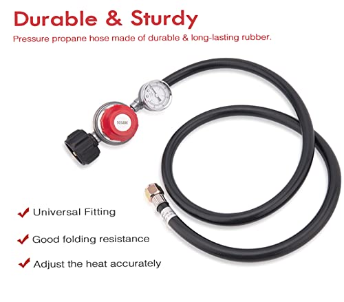 YOHIB 4FT Adjustable Propane Regulator with Hose High Pressure, 0-30PSI Gauges LP Gas Grill Adjustable Regulator Hose Fit for QCC1 Tank, BBQ Grill, Burners, Fryers, Heaters, Cooker
