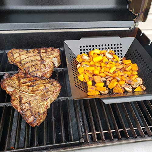 Kona Best Vegetable Grill Basket - Safe/Clean Porcelain Enameled BBQ Grilling Basket (Large 12x12x3 inches) for Veggies, Kabobs, Seafood, Meats