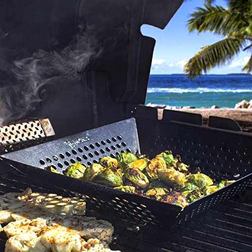 Kona Best Vegetable Grill Basket - Safe/Clean Porcelain Enameled BBQ Grilling Basket (Large 12x12x3 inches) for Veggies, Kabobs, Seafood, Meats