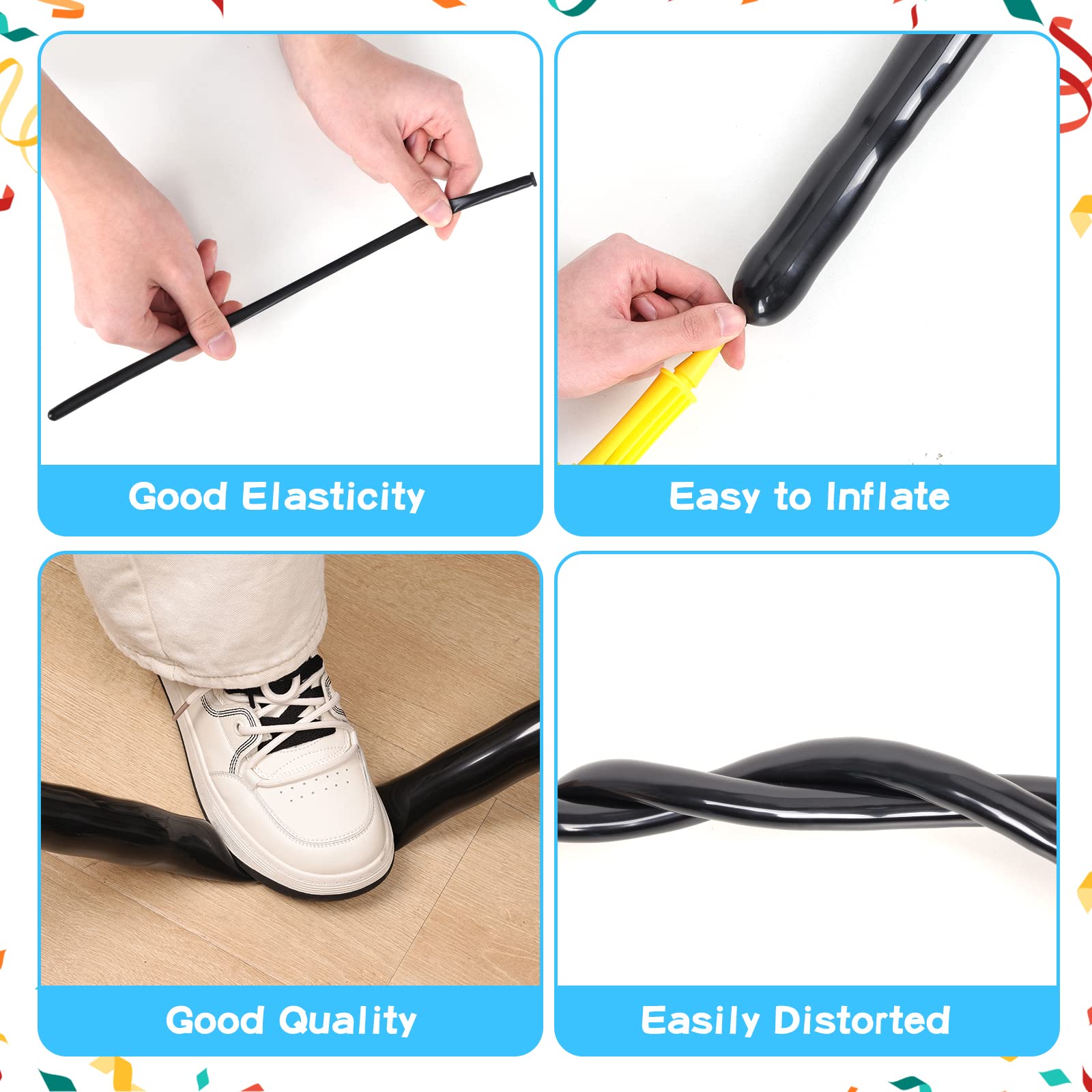 RUBFAC 260 Balloons 150pcs Black Long Balloons for Balloon Animals, Twisting Balloons for Balloon Garland Animals Modeling, Birthday, Wedding, Party Decorations