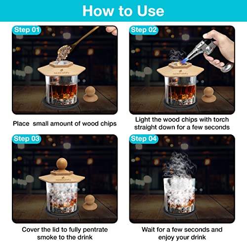 Sereneify Cocktail Smoker kit with Torch - Old Fashioned Smoker Kit with 4 Wood Chips, Bourbon Smoker Kit for Drinks, Gift for Men, Easy to Use Whiskey Smoker kit (No Butane)