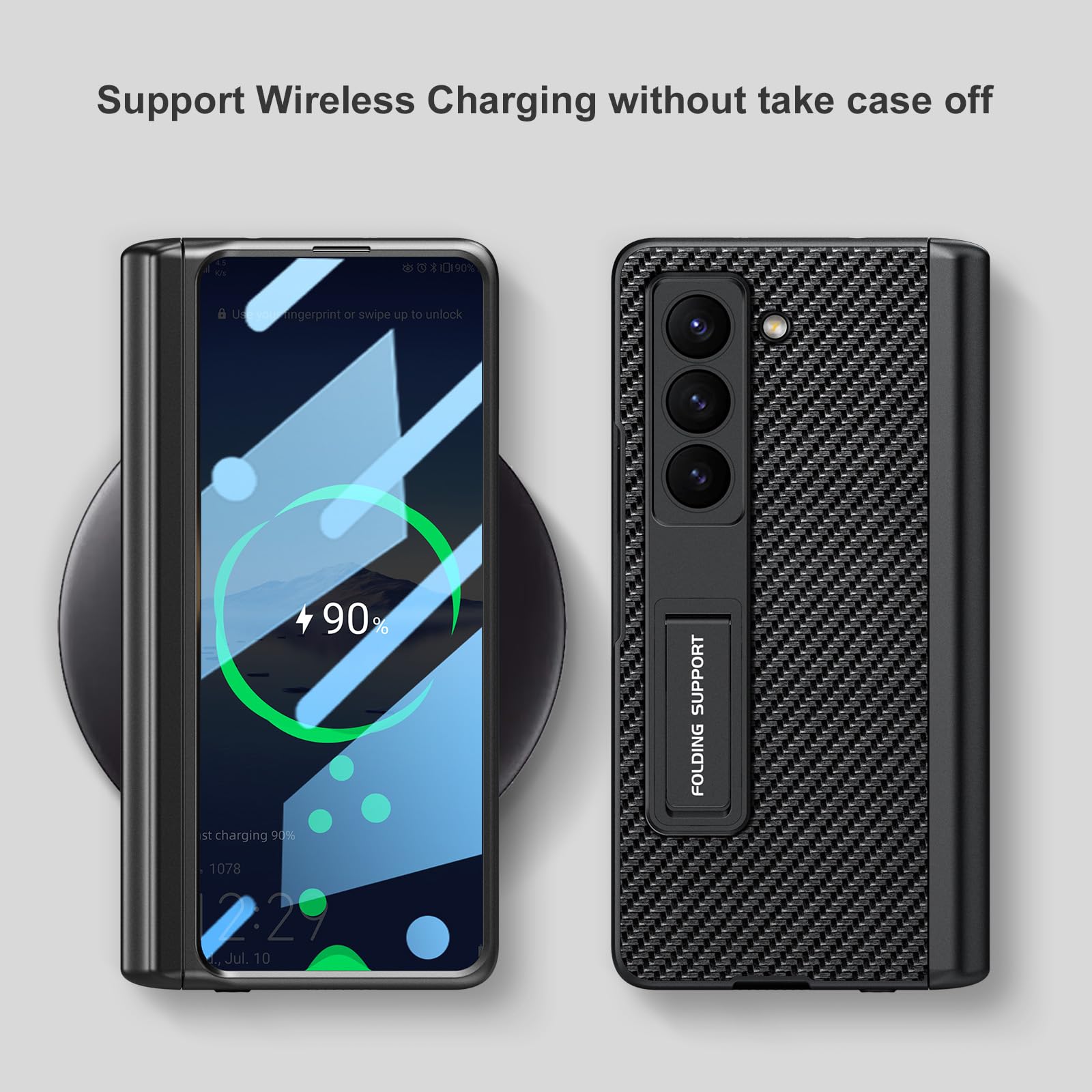 Libeagle Compatible with Samsung Galaxy Z Fold 5 Case, Built in Hidden Fold 5 New Slim S Pen Holder (2023), Leather on Back, Screen Protector, Hinge Protection, Wireless Charging Cover 5G-Carbon Fiber