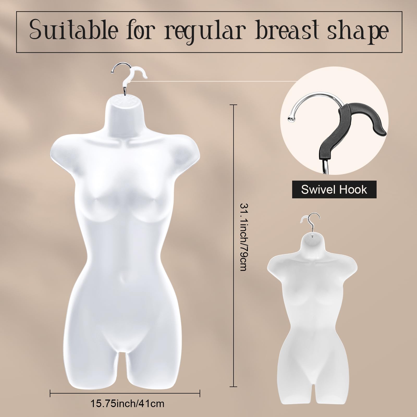 3 Pcs Hanging Mannequin Body Torso Female Women Dress Form with Hanger Hook Hip Long Hollow Back Mannequin Torso Thickened Plastic Shirt Display White (31.1 x 16.1 Inch)