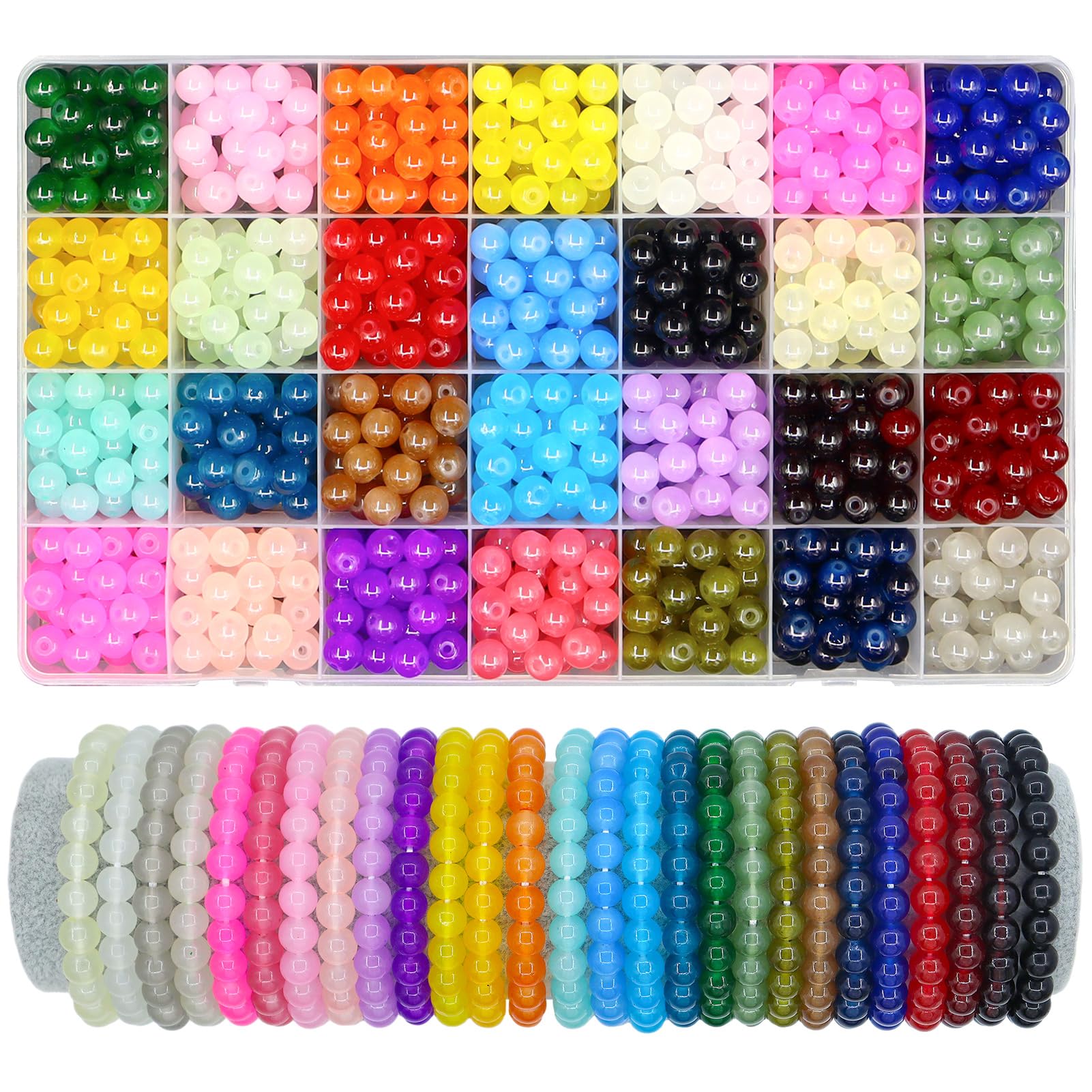 LOTMER 980 PCS 8mm Glass Beads for Jewelry Making - 28 Colors - Round Crystal Gemstone Beads for Jewelry, Necklace, Bracelet, Phone Lanyard Making DIY Craft