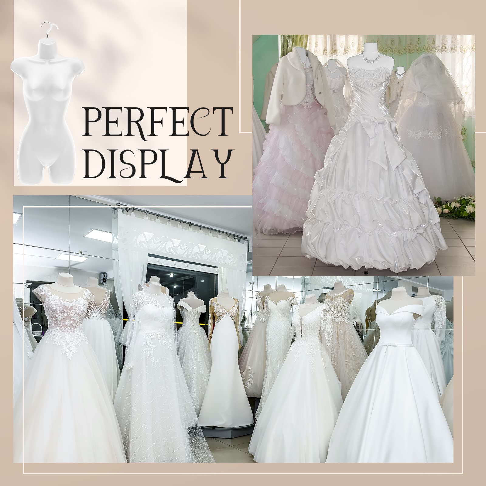 3 Pcs Hanging Mannequin Body Torso Female Women Dress Form with Hanger Hook Hip Long Hollow Back Mannequin Torso Thickened Plastic Shirt Display White (31.1 x 16.1 Inch)