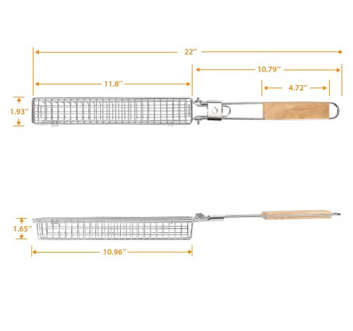 4 Packs 22” Extra Long Stainless Steel Kabob Grilling Baskets with Foldable Handle - Easy Lock 0.4” Mesh Grid Not Falling Out Design Grill Basket Set, Kabob Baskets for Grilling Vegetables, Seafood, Meat