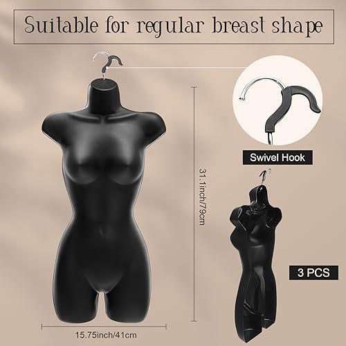 Dress Form Female Mannequin Torso Hollow Back Hanging Mannequin Body Manikin with Hook Half Body Shirt Clothing Display Plastic(3 Pcs,31.1 x 16.1 Inch)