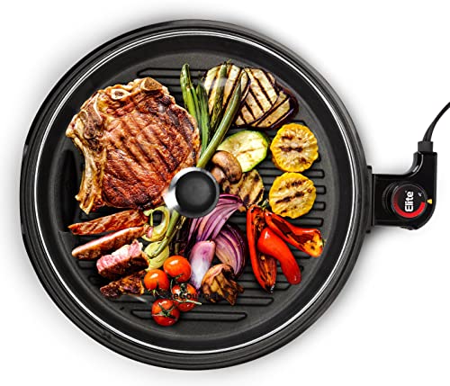 Elite Gourmet EMG6505G Smokeless Indoor Electric BBQ Grill with Glass Lid Dishwasher Safe, Nonstick, Adjustable Temperature, Fast Heat Up, Low-Fat Meals Easy to Clean Design