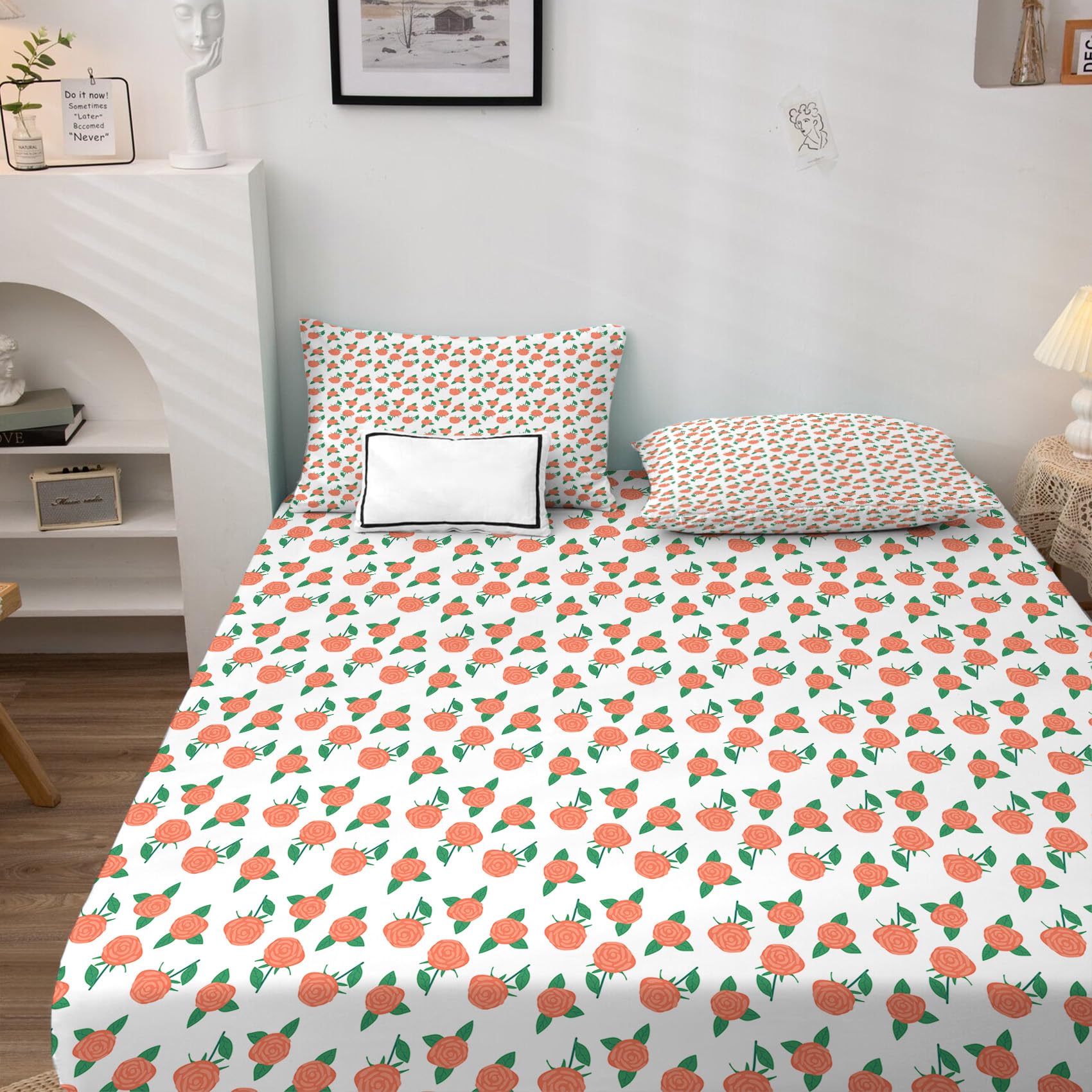 Flower Sheets Full Size, Floral Botanical Bed Sheets, Patterned Bedding Sheets & Pillowcases 4 Piece Set - Soft Microfiber Deep Pocket Fitted Sheet & Flat Sheet & 2 Pillow Cases H3-&-270