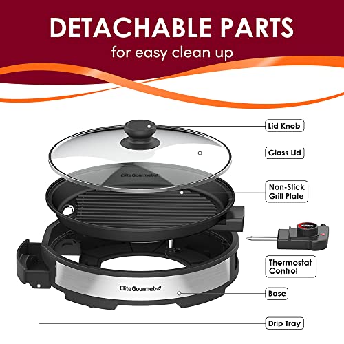 Elite Gourmet EMG6505G Smokeless Indoor Electric BBQ Grill with Glass Lid Dishwasher Safe, Nonstick, Adjustable Temperature, Fast Heat Up, Low-Fat Meals Easy to Clean Design