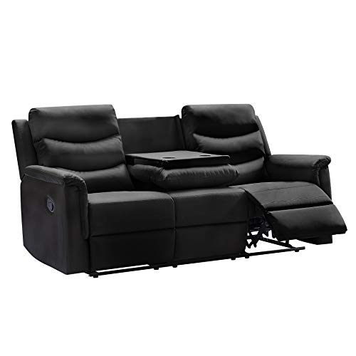 Faux Leather Manual Motion Reclining 3 Seaters Sectional Sofa Couch with 2 Cup Holders and Two Recliner Chaise ,PU Wall Hugger Sofa & Couch for Home Theater Apartment RV Living Room Furniture Sets