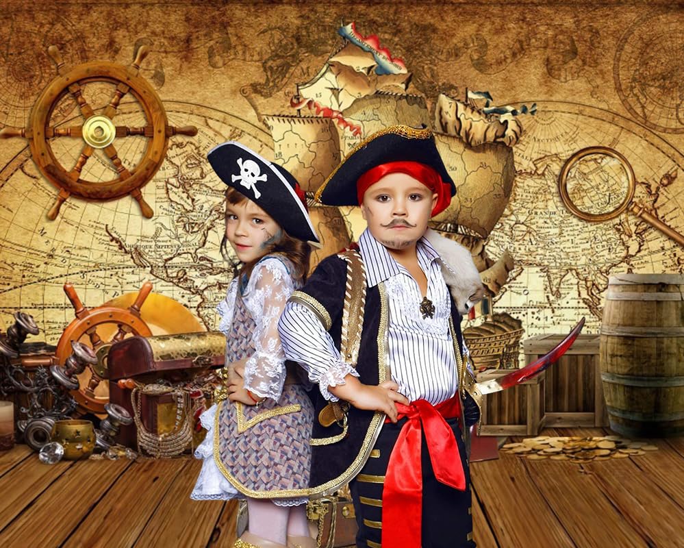 Pirate Backdrop Nautical Treasure Hunt Map Pirate Themed Photography Background Adventure Places Kids Boys Birthday Party Decorations Banner Photo Studio Booth Props 10x8ft