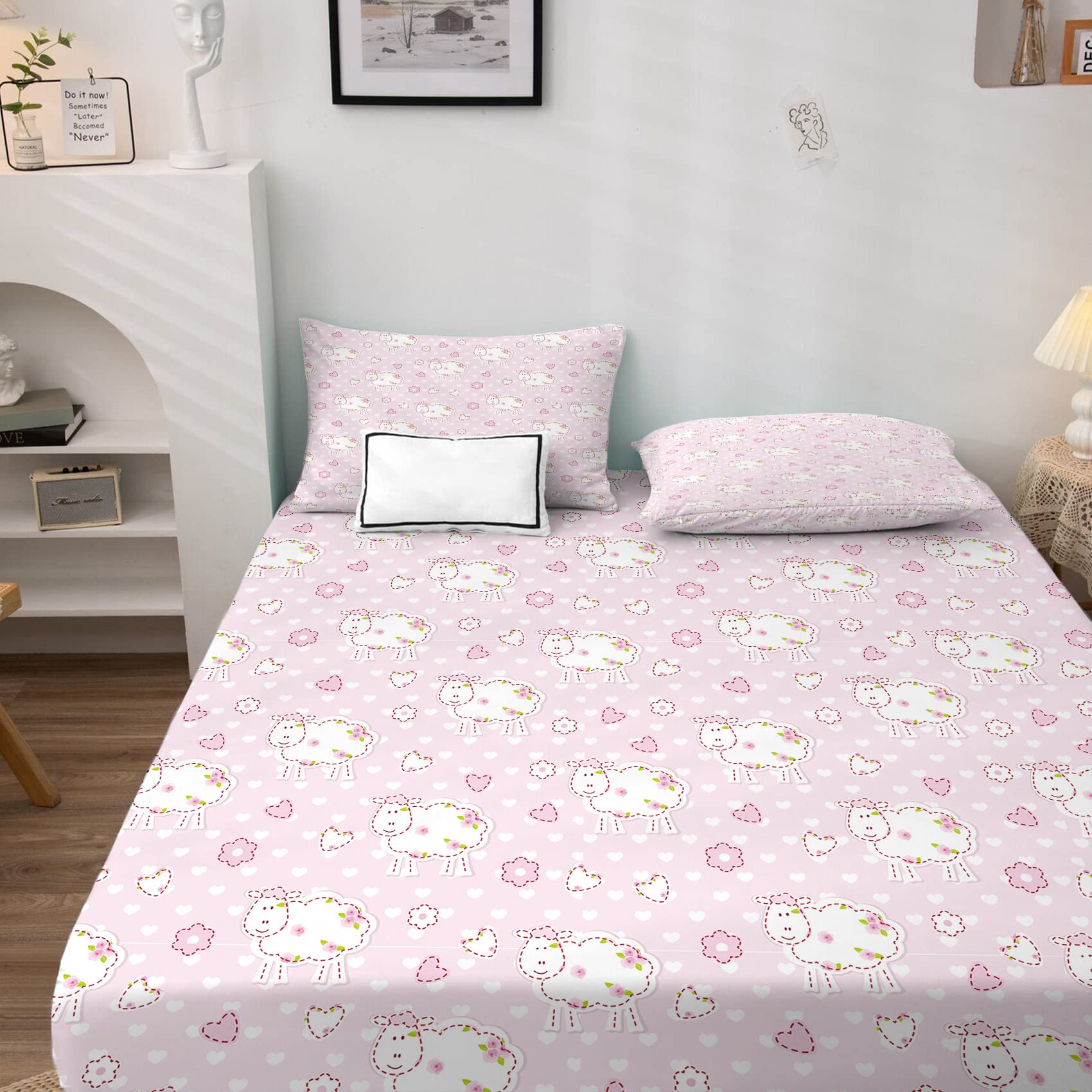 Sheep Sheets Full Size, Pink Heart Bed Sheets, Patterned Bedding Sheets & Pillowcases 4 Piece Set - Soft Microfiber Deep Pocket Fitted Sheet & Flat Sheet & 2 Pillow Cases H3-&-184