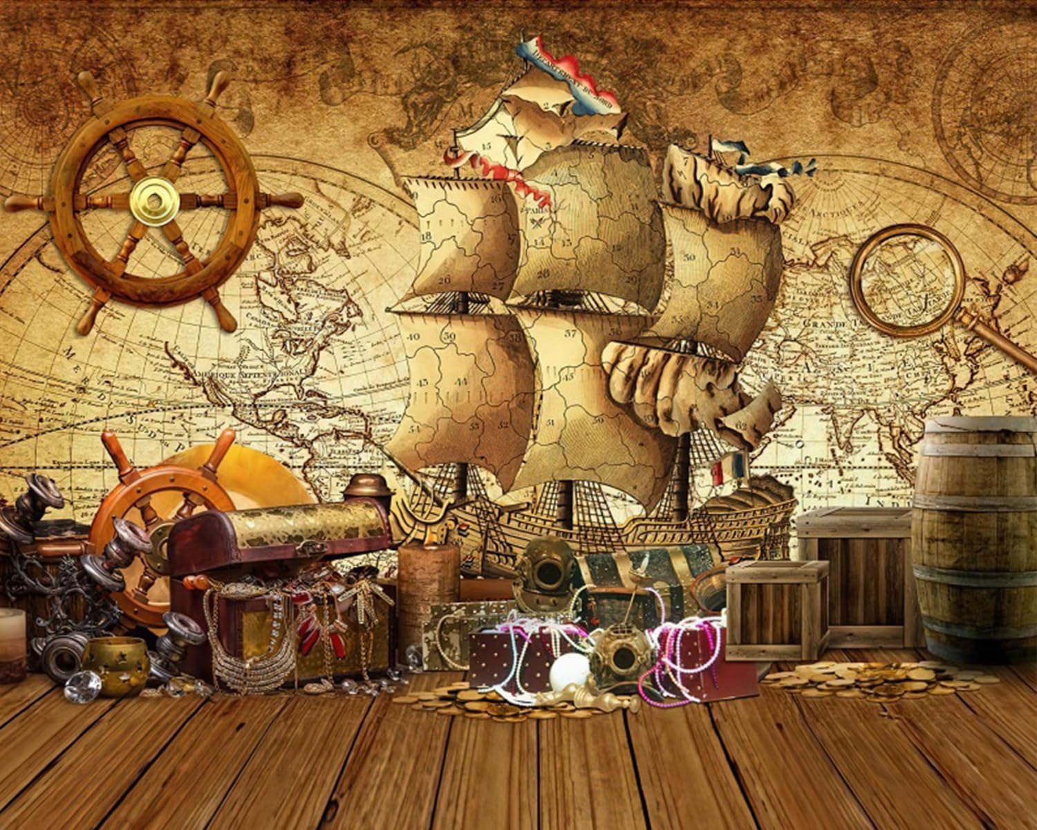 Pirate Backdrop Nautical Treasure Hunt Map Pirate Themed Photography Background Adventure Places Kids Boys Birthday Party Decorations Banner Photo Studio Booth Props 10x8ft