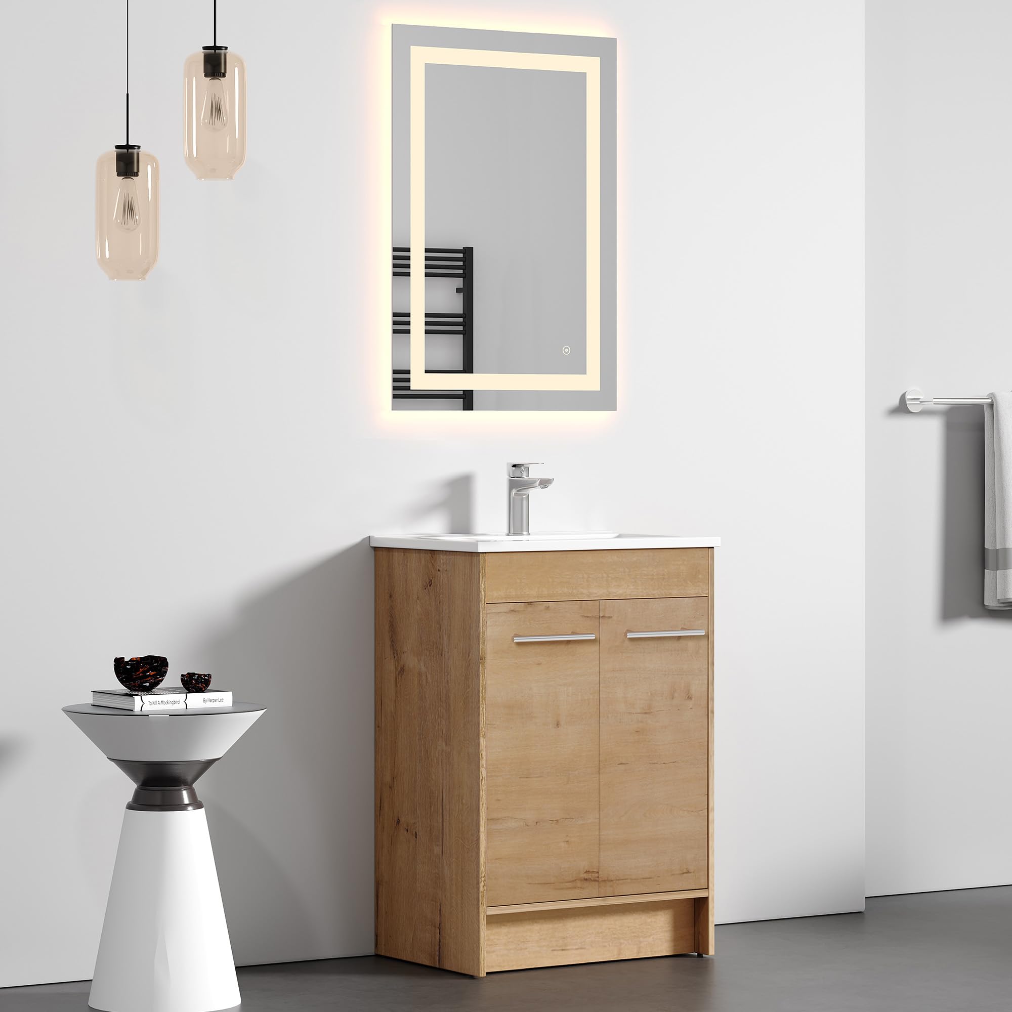 Dowell Oak Natural Bathroom Vanity with Ceramic Sink Combo, Modern Bathroom Cabinet with Soft-Close Door, Freestanding Single Bathroom Vanity Set (24 Inch)