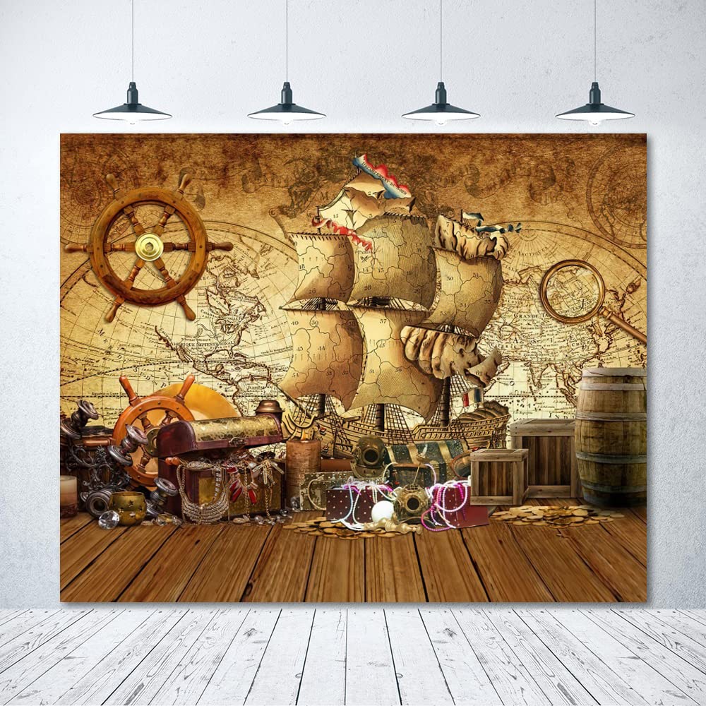 Pirate Backdrop Nautical Treasure Hunt Map Pirate Themed Photography Background Adventure Places Kids Boys Birthday Party Decorations Banner Photo Studio Booth Props 10x8ft