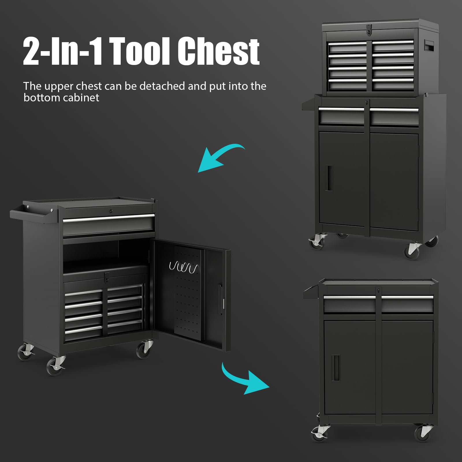 Goplus Tool Chest, 5-Drawer Rolling Tool Storage Cabinet with Detachable Top Tool Box, Liner, Universal Lockable Wheels, Adjustable Shelf, Locking Mechanism, Metal Tool Cart for Garage Workshop