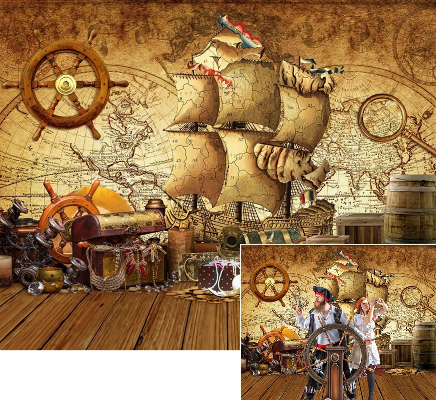 Pirate Backdrop Nautical Treasure Hunt Map Pirate Themed Photography Background Adventure Places Kids Boys Birthday Party Decorations Banner Photo Studio Booth Props 10x8ft