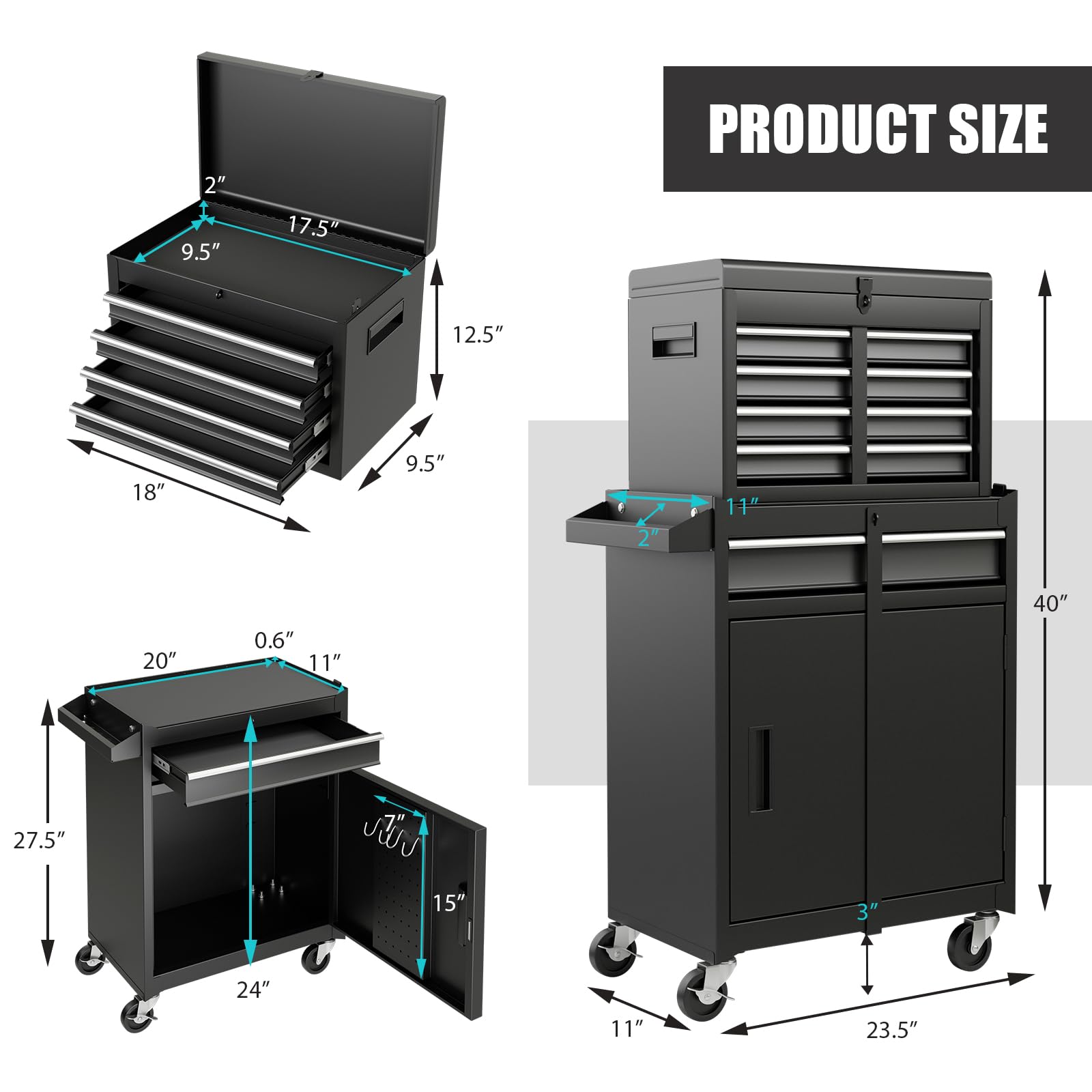 Goplus Tool Chest, 5-Drawer Rolling Tool Storage Cabinet with Detachable Top Tool Box, Liner, Universal Lockable Wheels, Adjustable Shelf, Locking Mechanism, Metal Tool Cart for Garage Workshop
