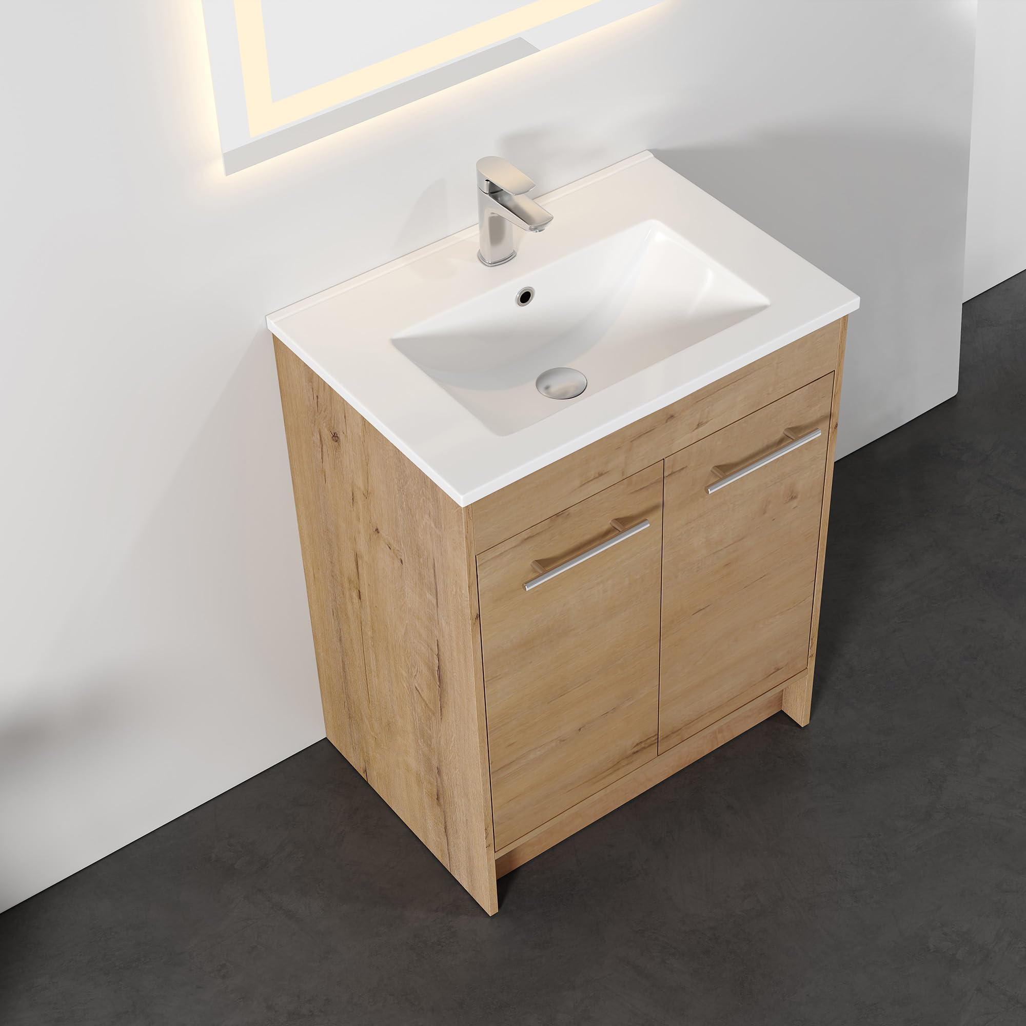Dowell Oak Natural Bathroom Vanity with Ceramic Sink Combo, Modern Bathroom Cabinet with Soft-Close Door, Freestanding Single Bathroom Vanity Set (24 Inch)