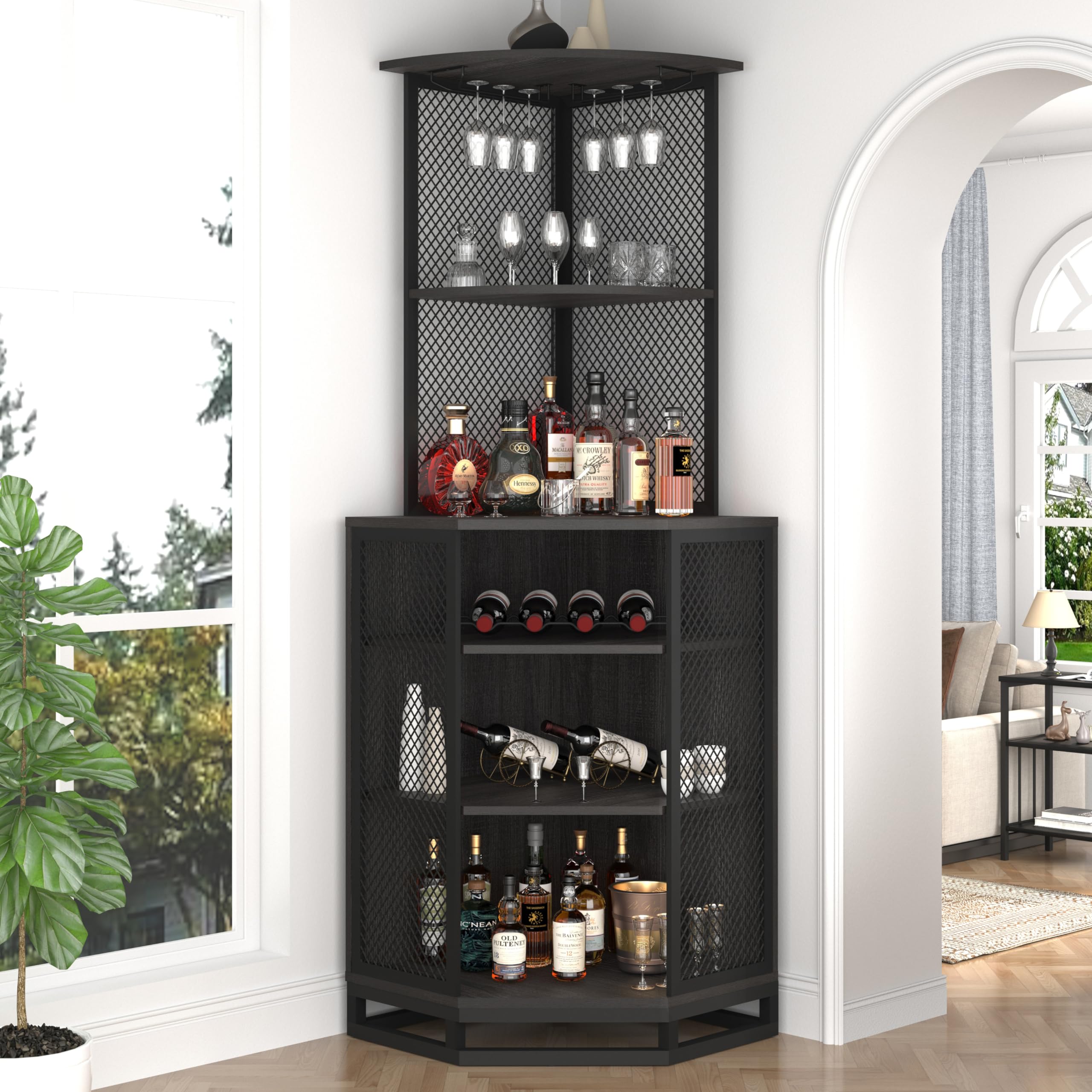 IBF Tall Corner Bar Cabinet, Large Wood and Metal Liquor Cabinet with Wine Rack, Industrial Corner Wine Cabinet with Adjustble Shelf Storage, Home Bar Unit for Kitchen Living Room, Dark Gray, 71 Inch