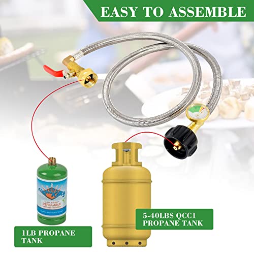Rdutuok 36" Stainless Braided Gas Line Propane Extension Refill Hose with Gauge and Control Valve, Propane Tank Refill Adapter Extension Hosefor 1LB Propane Gas Tank 350PSI High Pressure Camping