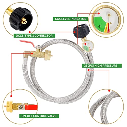 Rdutuok 36" Stainless Braided Gas Line Propane Extension Refill Hose with Gauge and Control Valve, Propane Tank Refill Adapter Extension Hosefor 1LB Propane Gas Tank 350PSI High Pressure Camping