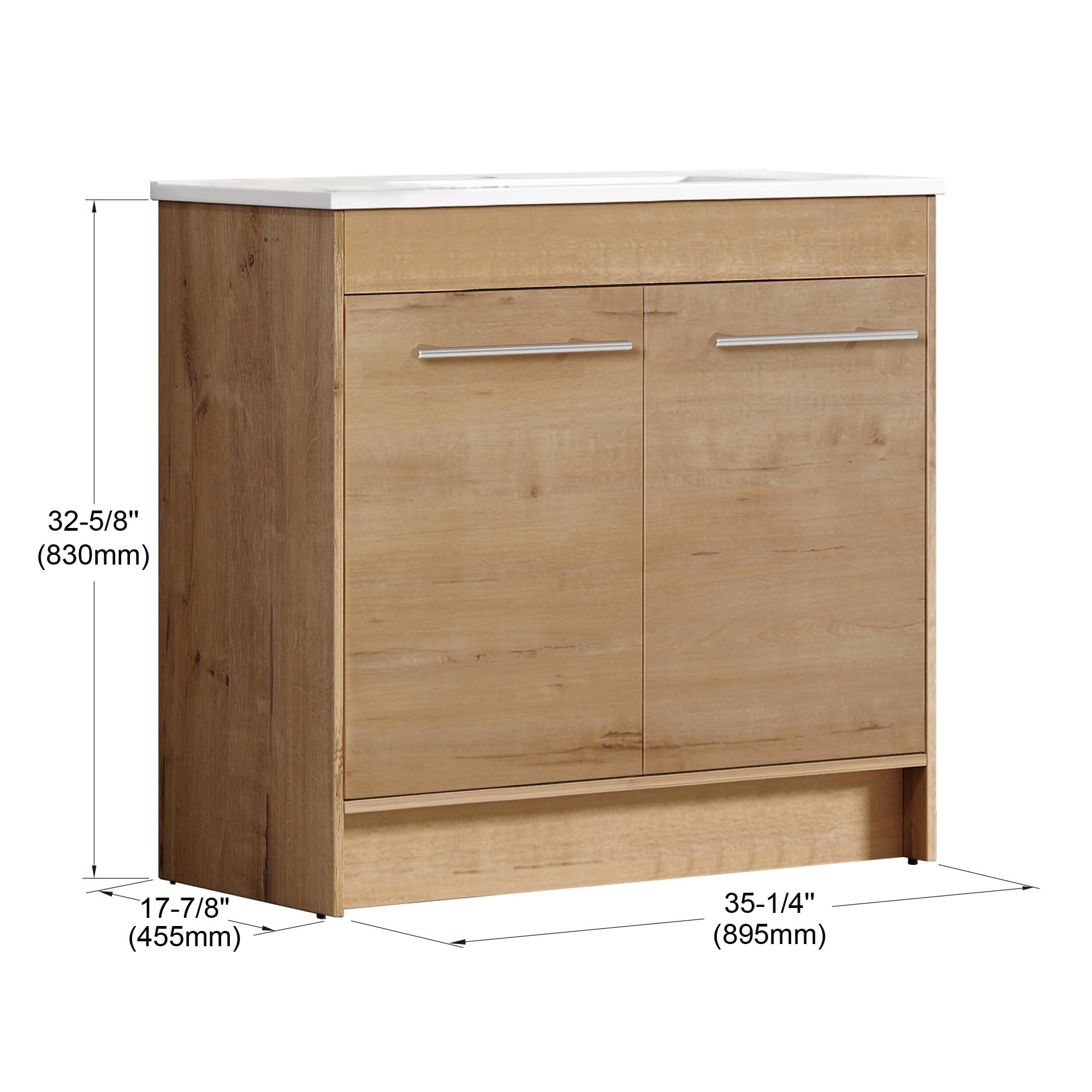 Dowell Oak Natural Bathroom Vanity with Ceramic Sink Combo, Modern Bathroom Cabinet with Soft-Close Door, Freestanding Single Bathroom Vanity Set (36 Inch)