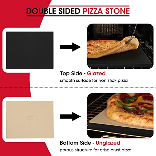 Unicook Glazed Pizza Stone 15 x 12 Inch, Double Sided Pizza Stone for Oven and Grill, Non Stick Ceramic Baking Stone, Thermal Shock Resistant Rectangular Cooking Stone, Black Reversible Pizza Pan