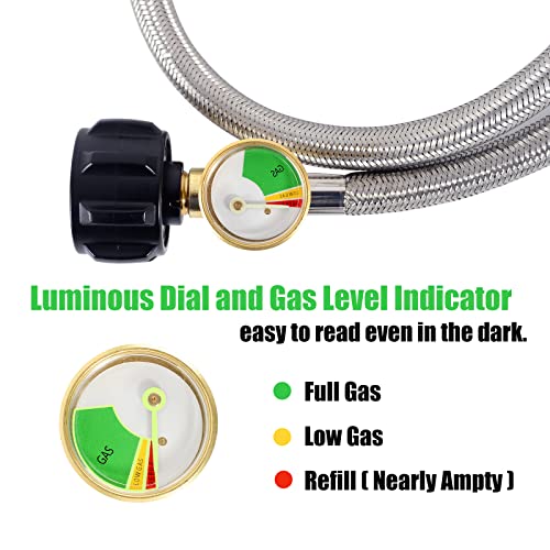 Rdutuok 36" Stainless Braided Gas Line Propane Extension Refill Hose with Gauge and Control Valve, Propane Tank Refill Adapter Extension Hosefor 1LB Propane Gas Tank 350PSI High Pressure Camping