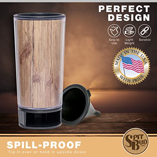 Wood Grain by Spit Bud - The Ultimate Spittoon for Chew - Portable Dip & Snuff Cup with Lid, Pop Tab, Spill-Proof Funnel, Can Cutter & Holder - Fit in Cup Holders - Holds 8oz - Made in USA