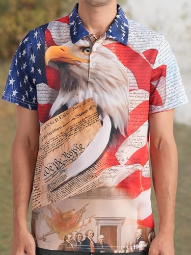 HIVICHI Golf Shirts for Men Funny Print Hawaiian Crazy Mens Polo Shirt Eagle Flag Shirt, X-Large, Aop-polo-81779