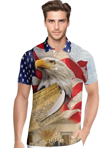 HIVICHI Golf Shirts for Men Funny Print Hawaiian Crazy Mens Polo Shirt Eagle Flag Shirt, X-Large, Aop-polo-81779