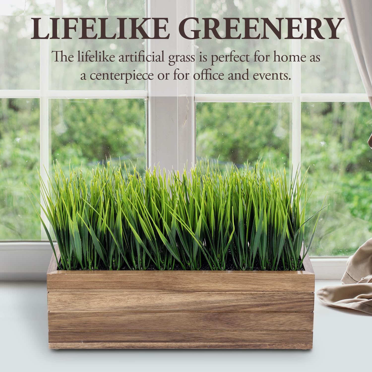 MyGift 14 Inch Artificial Green Grass Plant in Solid Acacia Wood Planter Window Box, Faux Greenery in Decorative Rectangular Crate Style Wooden Container