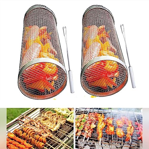 OQOPO BBQ Net Tube, Rolling BBQ Grilling Basket, Outdoor Picnics BBQ Grill Stainless Steel Mesh Versatile Cylinder Grill Cooking Accessories for Vegetables,Fries,Meat,Fish BBQ Net Tube (2Pcs)