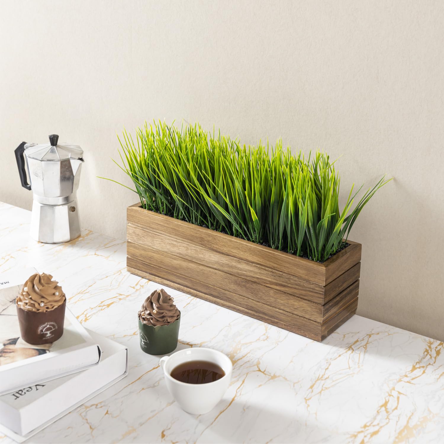 MyGift 14 Inch Artificial Green Grass Plant in Solid Acacia Wood Planter Window Box, Faux Greenery in Decorative Rectangular Crate Style Wooden Container