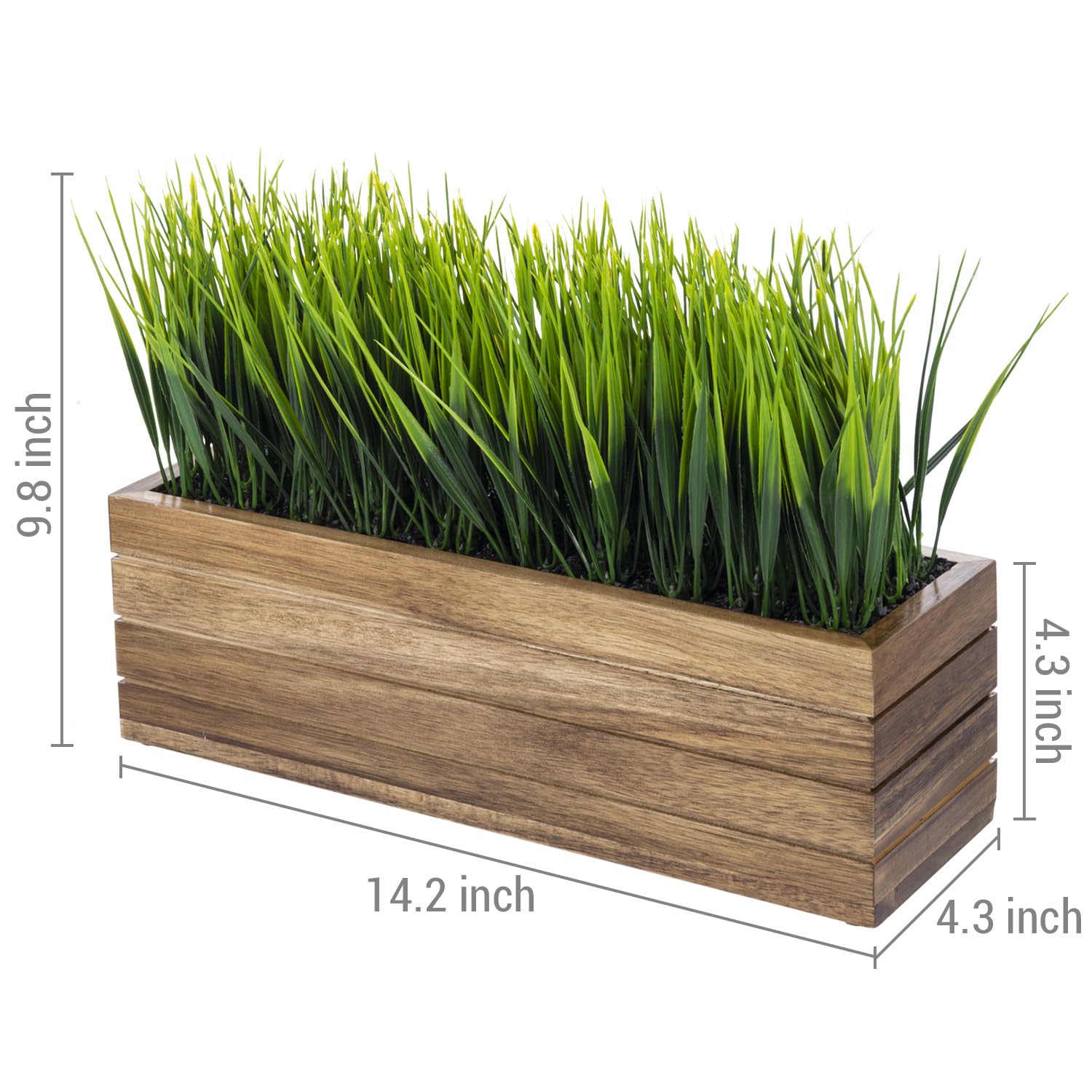 MyGift 14 Inch Artificial Green Grass Plant in Solid Acacia Wood Planter Window Box, Faux Greenery in Decorative Rectangular Crate Style Wooden Container