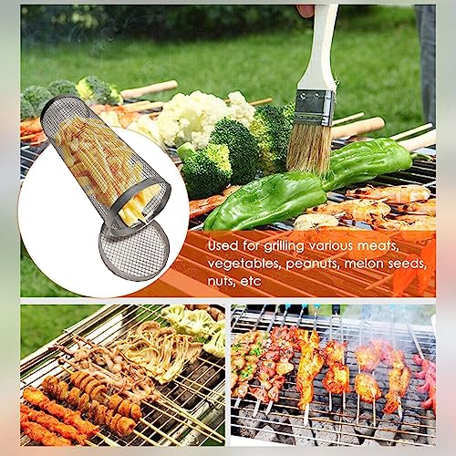 OQOPO BBQ Net Tube, Rolling BBQ Grilling Basket, Outdoor Picnics BBQ Grill Stainless Steel Mesh Versatile Cylinder Grill Cooking Accessories for Vegetables,Fries,Meat,Fish BBQ Net Tube (2Pcs)