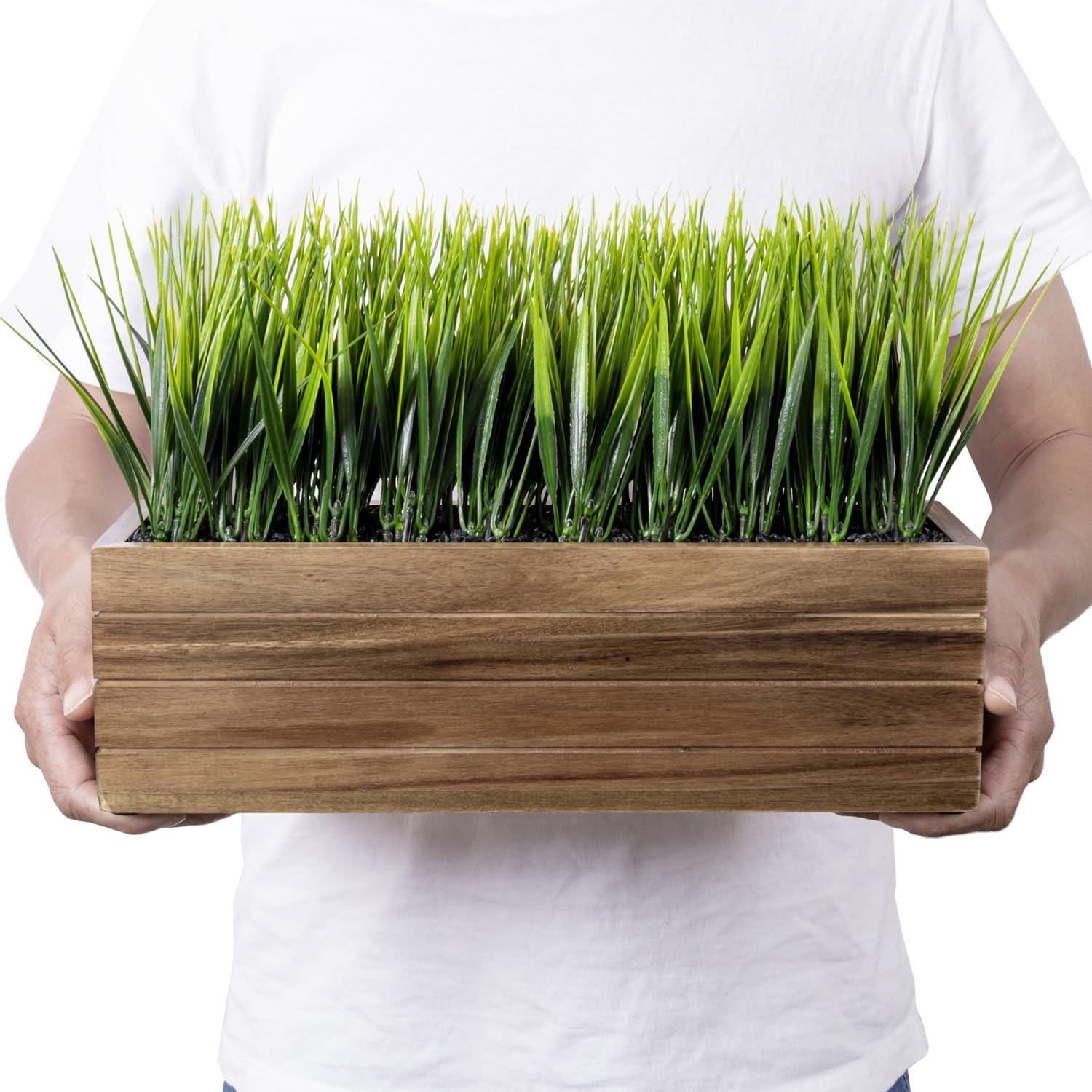 MyGift 14 Inch Artificial Green Grass Plant in Solid Acacia Wood Planter Window Box, Faux Greenery in Decorative Rectangular Crate Style Wooden Container