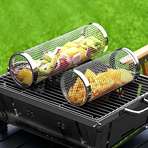 OQOPO BBQ Net Tube, Rolling BBQ Grilling Basket, Outdoor Picnics BBQ Grill Stainless Steel Mesh Versatile Cylinder Grill Cooking Accessories for Vegetables,Fries,Meat,Fish BBQ Net Tube (2Pcs)