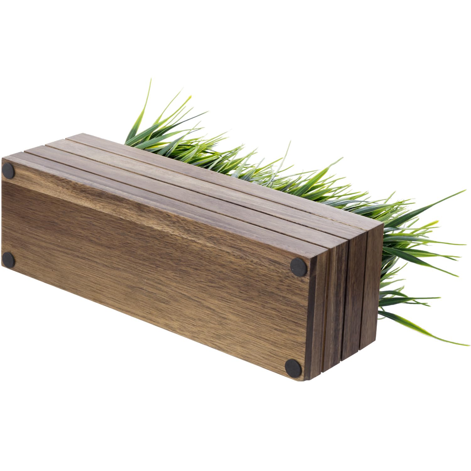 MyGift 14 Inch Artificial Green Grass Plant in Solid Acacia Wood Planter Window Box, Faux Greenery in Decorative Rectangular Crate Style Wooden Container