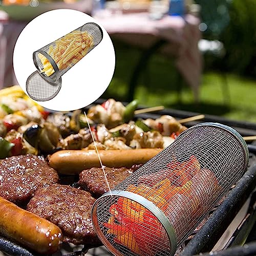 OQOPO BBQ Net Tube, Rolling BBQ Grilling Basket, Outdoor Picnics BBQ Grill Stainless Steel Mesh Versatile Cylinder Grill Cooking Accessories for Vegetables,Fries,Meat,Fish BBQ Net Tube (2Pcs)