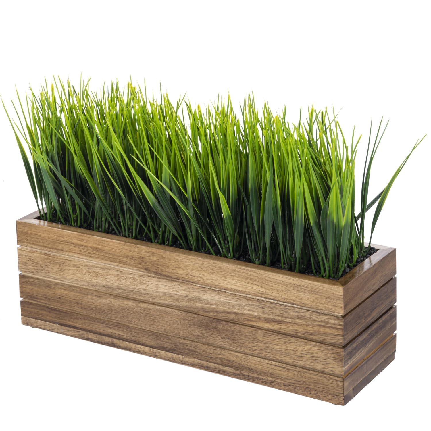 MyGift 14 Inch Artificial Green Grass Plant in Solid Acacia Wood Planter Window Box, Faux Greenery in Decorative Rectangular Crate Style Wooden Container