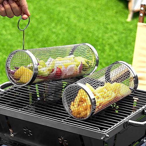 OQOPO BBQ Net Tube, Rolling BBQ Grilling Basket, Outdoor Picnics BBQ Grill Stainless Steel Mesh Versatile Cylinder Grill Cooking Accessories for Vegetables,Fries,Meat,Fish BBQ Net Tube (2Pcs)